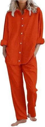 Generic Tenues 2 pièces pour femmes, survêtements pour femmes, grande taille, chemisiers boutonnés à manches longues et pantalon droit avec poches, vêtements 