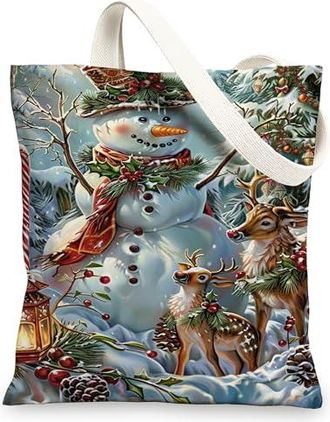 Generic Sac fourre-tout dhiver en toile, motif bonhomme de neige et cerf, sac de courses réutilisable, festif, léger et lavable, Multicolore, 13x15 Inch