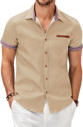 Coofandy Herren Jeanshemd Kurzarm Hemd Herren Sommer Freizeithemd Kurzarmhemd M&auml;nner Baumwolle Herrenhemden Kurzarm Slim Fit Business Button Down Shirt Khaki X