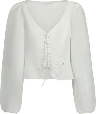 Guess Femme, Blouses et Chemises, Blanc, Taille: 36 FR Chemise Blanche en Lin Col en V avec Logo