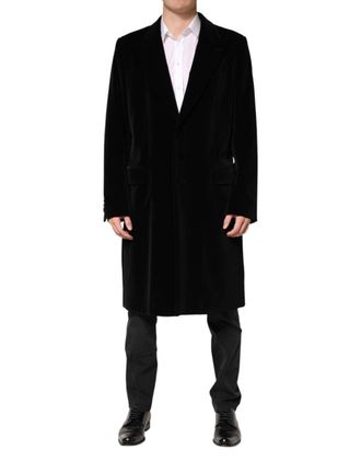 Dolce & Gabbana Mens Black Cotton Velvet Long Trench Coat Jacket Clothing