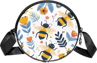 Generic Sac &agrave; bandouli&egrave;re rond pour femme, motif abeille, petit sac &agrave; bandouli&egrave;re avec fermeture &eacute;clair, bretelles r&eacute;glables, sac &agrave; main rond d&eacute;contract&eacute; pour