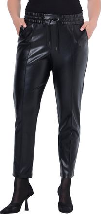 Ulla Popken Damen große Größen Übergrößen Plus Size 7/8-Hose, Lederoptik, Biesen, Elastikbund schwarz 50 813370130-50