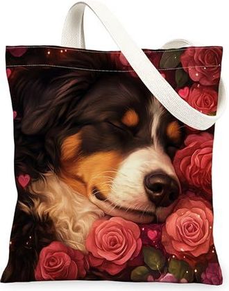 Generic Sac fourre-tout en toile motif berger australien pour faire du shopping, 33 x 38,1 cm, sac d&eacute;picerie r&eacute;utilisable pour la Saint-Valentin, motif roses 