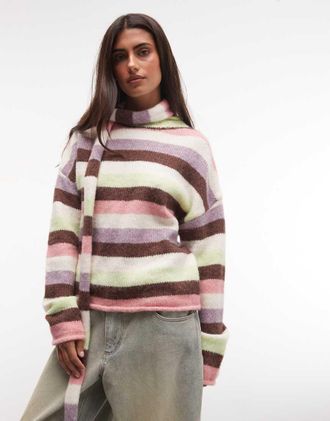 Daisy Street Crop-Pullover mit mehrfarbigem Streifenmuster und Rollkragen-Detail in grobem Strick-Multi