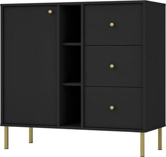 Selsey Kommode Schwarz-Graphit 100,2x95x40,8 cm mit Schubladen - Moderne Möbelkollektion mit goldenen Metallfüßen - Sideboard mit Regalbrettern - Laminierte 