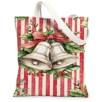 Generic Sacs fourre-tout en toile de vacances, motif cloche et houx, sacs &agrave; provisions r&eacute;utilisables, ray&eacute;s festifs, l&eacute;gers et lavables, Rouge, 13x15 Inch