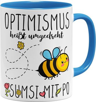 OM3 lustige Tasse mit Spruch - Optimismus heisst umgekehrt Sumsi mit Po - Biene - Bürotasse | Keramik Becher | 11oz 325ml | Beidseitig Bedruckt | Hellblau