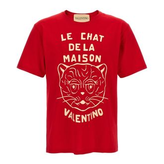 Valentino Garavani Cotton T-Shirt With Le Chat De La Maison Print - - Tops - Herren - Rot - L