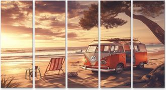 Islandburner Bild auf Leinwand Sonnenuntergang am Strand mit Kult Bus für Wohnzimmer Strandliebhaber Surfshop Bilder Wandbilder Poster