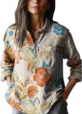 Generico Chemise Femme &Eacute;l&eacute;gant Manches Longues Chemises en Lin Coton Curvy Respirant T Shirt Col en V Mode Chemisier Vintage Fantaisie avec Boutons Doux Blouse