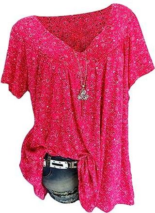 ORANDESIGNE T-Shirt Femme Grande Taille Tee Shirt Ete Chic Lâche Fleur Imprime Manche Courtes Col V Sexy Top Blouse Casual Haut Tunique Chemise A Rose Rouge 3XL