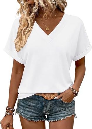Zeagoo T-shirt pour femme - Col en V - Manches courtes - &Eacute;l&eacute;gant - D&eacute;contract&eacute; - Couleur unie - Tailles S &agrave; 2XL, Blanc., XXL