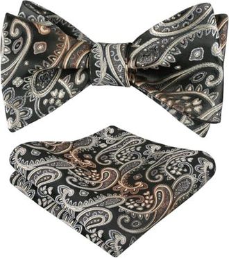 Alizeal Noeud papillon à nouer soi-même pour homme Motif cachemire Jacquard Business Mariage Fête Avec mouchoir, 039-Noir+Gris+Marron, taille unique