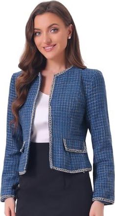 Allegra K Blazer &agrave; carreaux en tweed pour femme - Manches longues - Ouverture sur le devant - Veste courte pour le travail et le bureau, bleu, S