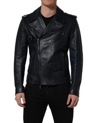 Dolce & Gabbana Black Leather Men Biker Coat Goatskin Jacket Clothing
