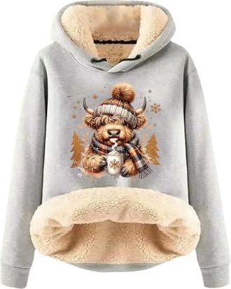 Generic Pull à capuche de Noël pour femme Motif vache Highland mignon imprimé fantaisie à manches longues Pull décontracté ample doux chaud en polaire Sherpa 