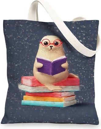 Generic Sac fourre-tout en toile avec motif animal mignon, adorable motif sceau, sacs de courses réutilisables, amusants, fantaisistes, légers, lavables, bleu