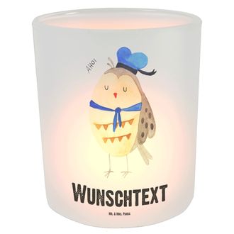 Mr. & Mrs. Panda Personalisiertes Windlicht Eule Matrose - Personalisierte Geschenke, Hochzeitstag Geschenk, Teelichthalter mit Namen, Owl, Windglas, Freundin, Kerzeng