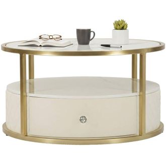 Dmora Wohnzimmertisch Stabia, Niedriger Wohnzimmertisch, Kaffeeregal, Couchtisch f&uuml;r Sofa, 75x75 h40 cm, Wei&szlig; und Gold - Dmora
