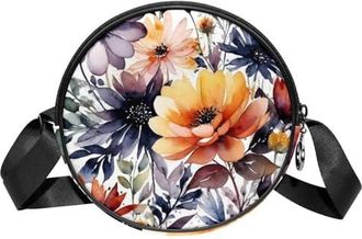 Generic Petit sac &agrave; bandouli&egrave;re circulaire pour femme, motif feuilles florales, sac &agrave; dos avec fermeture &eacute;clair, bretelles r&eacute;glables, sac &agrave; main rond d&eacute;contra