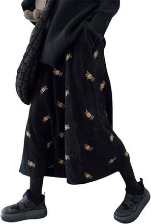 Generic Jupes longues en velours côtelé brodé floral vintage taille haute avec poches pour femme, Noir, M