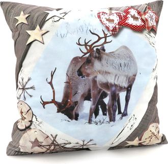 Heimtexland Weihnachten Dekoration Kissenhülle Deko-Kissen Weihnachtskissen Chalet Holz-Rahmen Rentiere 40x40 Typ652