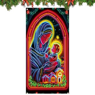Generic Weihnachtsabdeckung F&uuml;r Die Vordert&uuml;r - Gro&szlig;e Fluoreszierende religi&ouml;se Stoffr&uuml;ckwand | Aufh&auml;nger Weihnachtsdekoration Innen- und Au&szlig;enbereich, Zuhaus