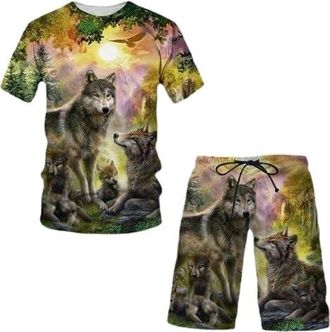 Generic Combinaison dété short t-shirt short imprimé animal loup hommes et femmes ensemble de sports décontractés 2 pièces, 4, XXXXL