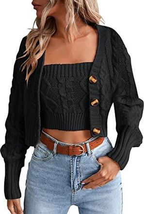 Generic Bol&eacute;ro court, cardigan en tricot torsad&eacute; pour femme, cardigan tendance boutonn&eacute; et haut tube, cardigan classique &agrave; manches longues, v&ecirc;tements dext&eacute;rie