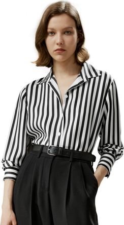 LilySilk Damen Reine Seide Hemd Damen Schwarz weiß Nadelstreifen Bluse mit V-Ausschnitt und Langarm für Arbeit lässig Frühling Sommer Herbst(Schwarz-Weiße Nade