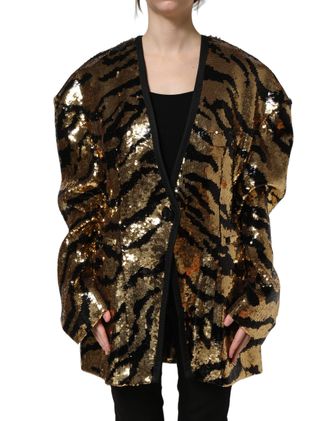 Dolce & Gabbana Womens Black Gold Sequin Tiger Stripe Blazer Jacket Polyester Silk Elastodiene Clothing