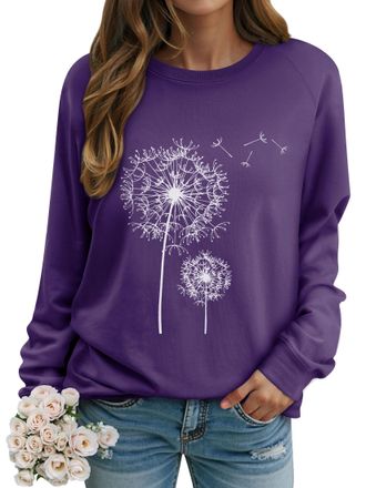Dresswel Damen L&ouml;wenzahn Sweatshirt Langarmshirt Pusteblume Drucken Pullover Herbst Winter Bluse Tops Oberteile(Lila, 2XL)