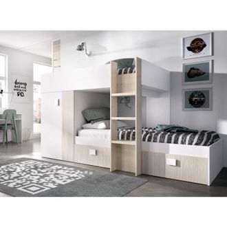 Dmora Lit pour enfants Dbajram, Chambre compl&egrave;te avec armoire et tiroirs, Composition de lits superpos&eacute;s avec deux lits simples, 271x111h150 cm, Blanc et