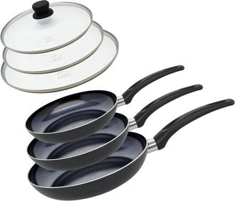ELO 9807850 Set mit 3 Aluminium-Pfannen und 3 Glasdeckeln, Pfanne f&uuml;r alle Herde au&szlig;er Induktion, Kochen, ohne PFAS, Aluminium, Edelstahl, Glas, Kunststof