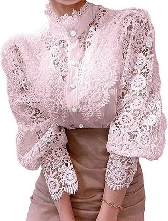 ORANDESIGNE Femme Chemisier Dentelle Chemise Victorien à Manche Longue Chemisier Ajouré Top Blouse Renaissance Elégant Vintage Mode Casual Couleur Unie Ample Lace