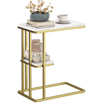 HOMCOM C-f&ouml;rmiger schmaler Beistelltisch, 2-stufiger schlanker Beistelltisch mit Ablagefl&auml;che, moderner Nachttisch f&uuml;r kleine R&auml;ume, Wohnzimmer, Schlafzimmer