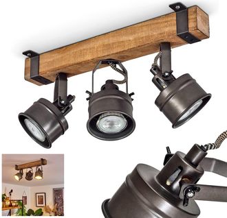 HOFSTEIN Deckenleuchte Pehefito, Deckenlampe im Vintage-Design aus Metall/Holz in Schwarz/Braun, Retro-Leuchte mit Holzbalken und verstellbaren Strahlern, 3-fl
