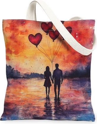 Generic Sac fourre-tout romantique en toile de Saint-Valentin pour faire du shopping 33 x 38,1 cm, motif couple afro-am&eacute;ricain, sac d&eacute;picerie r&eacute;utilisable pou
