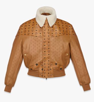 MCM Lammfellkragen-Bomberjacke in Visetos Leder-Mix COGNAC VISETOS LEATHER MIX