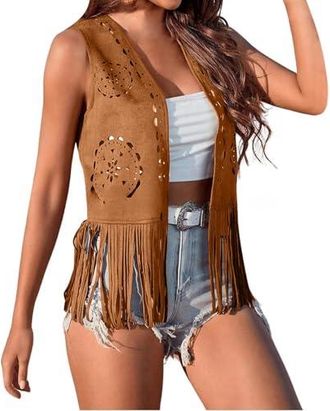 Generic Gilet western pour femme - Faux cowboy à franges - Veste à franges - Doux - Cowgirl - Court rétro - Costume hippie - Daim - Sans manches - Manteau ann