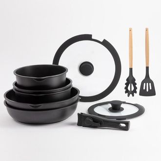 Bergner Set 10 PZS Schwarzes Easy Click Kochgeschirr - Pfannen und T&ouml;pfe mit schwarzer Antihaftbeschichtung - Inklusive Deckel und Utensilien - Abnehmbarer Gr