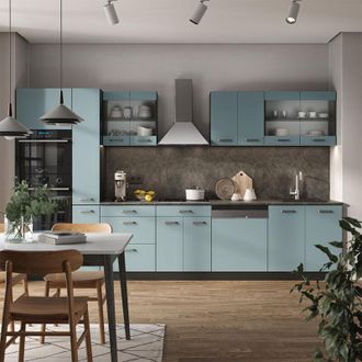 Vicco K&uuml;chenzeile R-Line, Blau-Grau/Anthrazit, 350 cm mit Hochschrank, ohne Arbeitsplatte