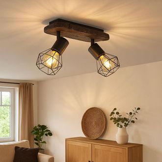 Globo Lighting Deckenlampe Wohnzimmer Holzoptik Deckenstrahler 2 flammig Retro Geflecht Spots verstellbar, Metall Kunststoff, 2x E27 Fassung, LxBxH 38,5x12x36 cm