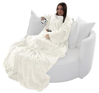 Brandsseller Plaid à Manches Couverture Douillette TV avec Chancelière et 2 Grandes Poches - Blanc 170 cm x 200 cm