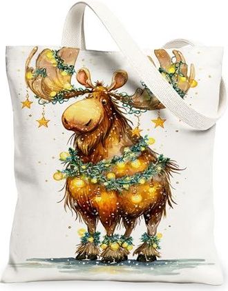 Generic Sac fourre-tout en toile d&eacute;lan de No&euml;l, motif animal festif, r&eacute;utilisable, fantaisie, rustique, l&eacute;ger, lavable, bandouli&egrave;re en toile pour voyage, plag