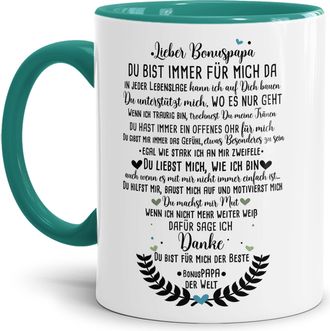 Tassendruck Tasse mit Spruch für Bonuspapa - Danke Bonuspapa - Geschenk für den besten Bonuspapa - Keramik Innen & Henkel Türkis, 300 ml