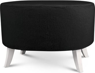 MG Design Ovaler Kunstfell-Hocker 62 x 72 cm in Schwarz mit Holzbeinen - Gepolsterter Fu&szlig;hocker f&uuml;r Wohnzimmer oder Schlafzimmer