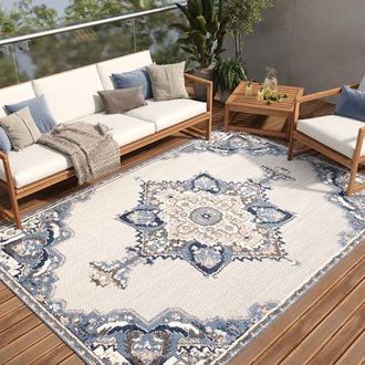 Tapiso Patio Tapis Ext&eacute;rieur Int&eacute;rieur Terrasse Balcon Jardin dhiver Cuisine Salon Classique Bleu Gris Beige Ornamental Aspect 3D R&eacute;sistant aux Intemp&eacute;ries O