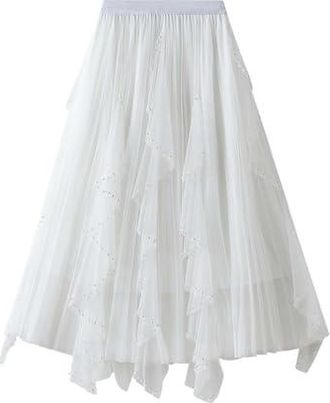 Generic Jupe Tulle Longue Femme à Volants- Jupe Chic Et Elegant,Jupe Paillette Taille éLastique Mi-Longues Couleur Unie DéContracté A-Ligne Jupes Classique Ch